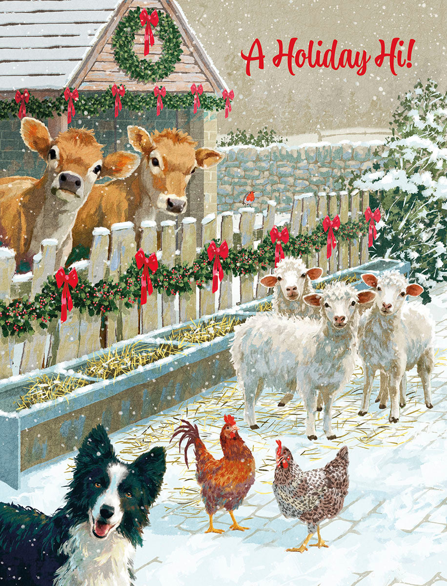 Dog Peaking In w/ Farm Friends Christmas Note Card Set | Leanin' Tree